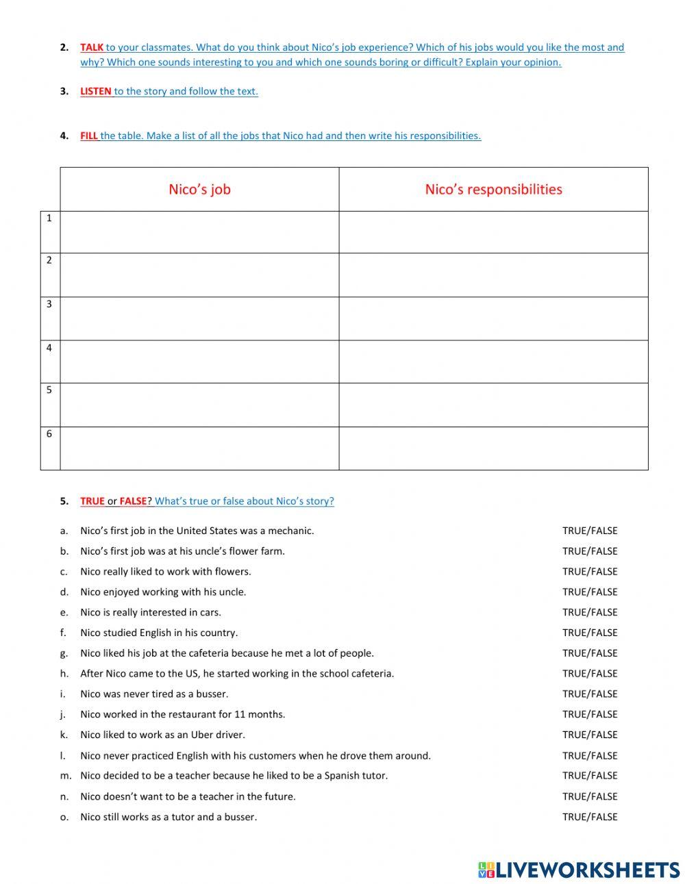 Nico's Story 1618 | Iris Craig | Live Worksheets