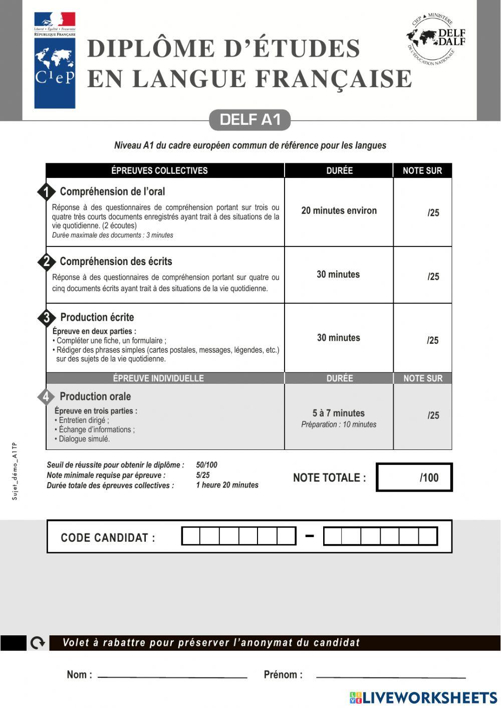 DELF A1 : sujet 1 online exercise for | Live Worksheets