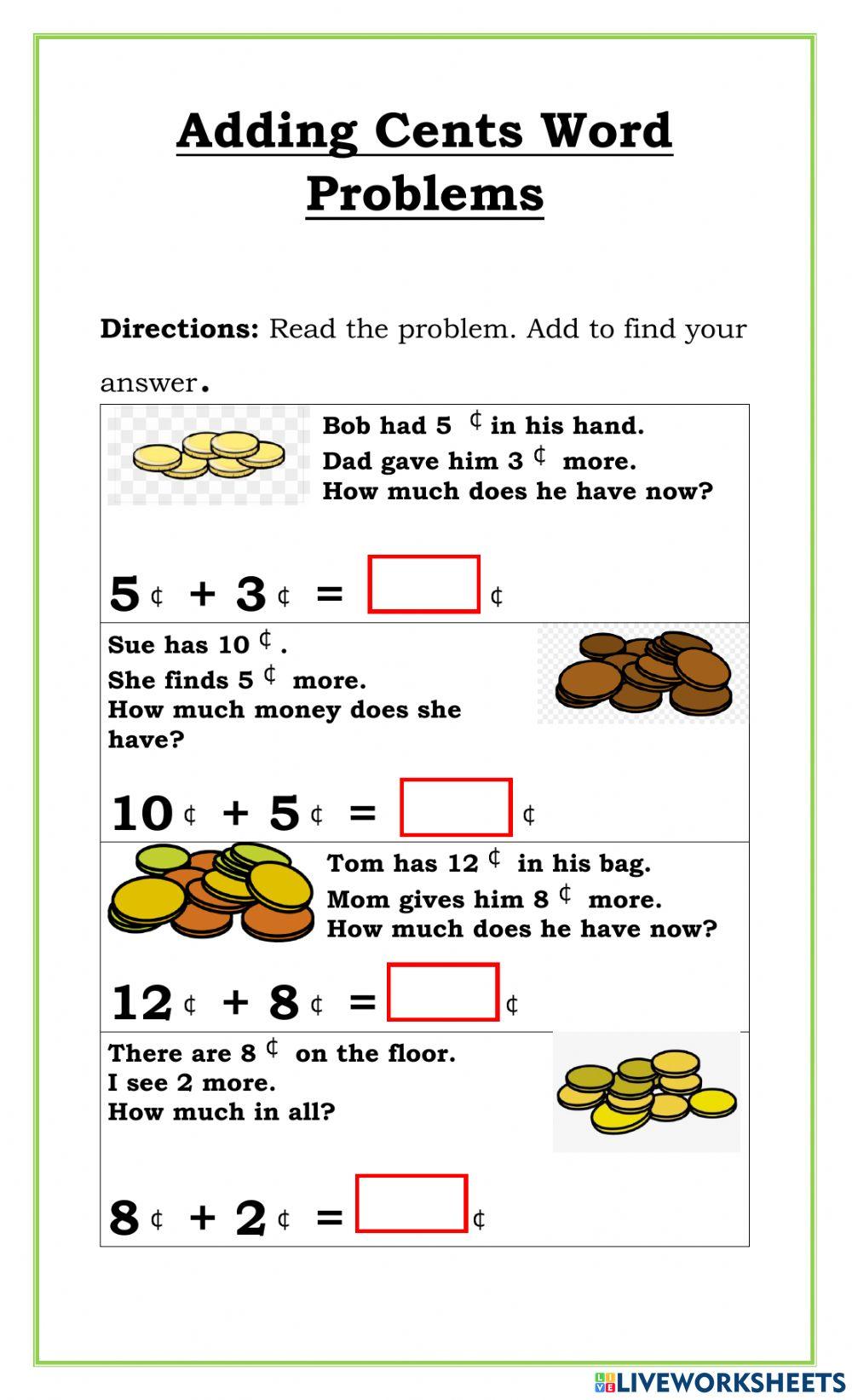 Adding Cents 1651782 | MrsCartwright1 | Live Worksheets