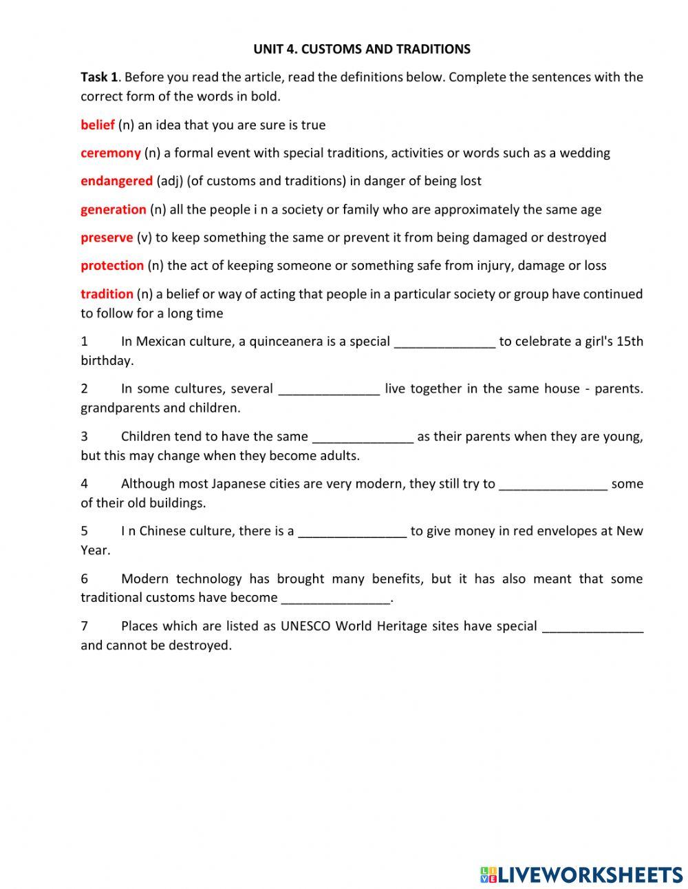 Customs and tra… | Free Interactive Worksheets | 1652883