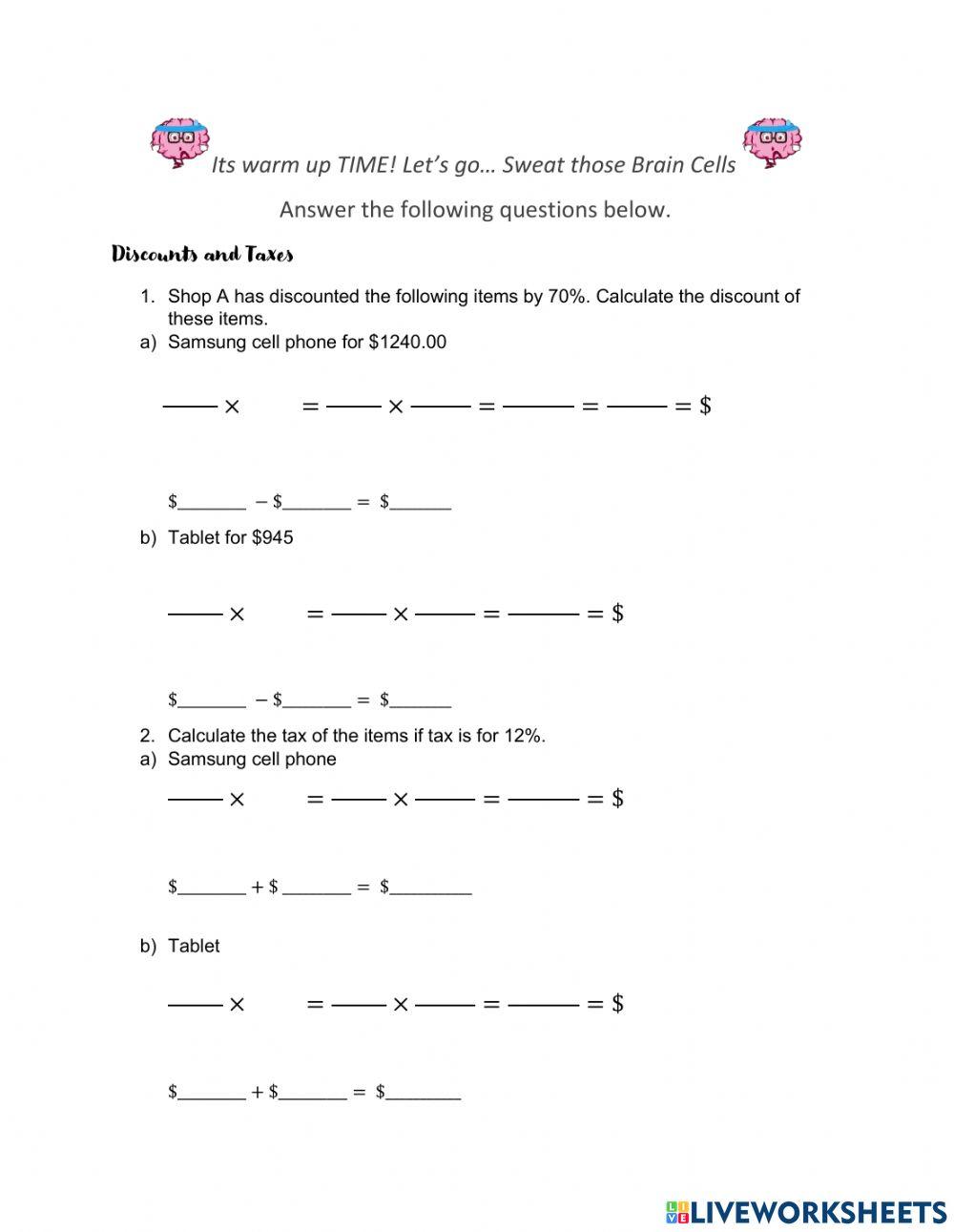 Discounts And Taxes Worksheet Live Worksheets discounts-and-taxes-worksheet-live-worksheets
