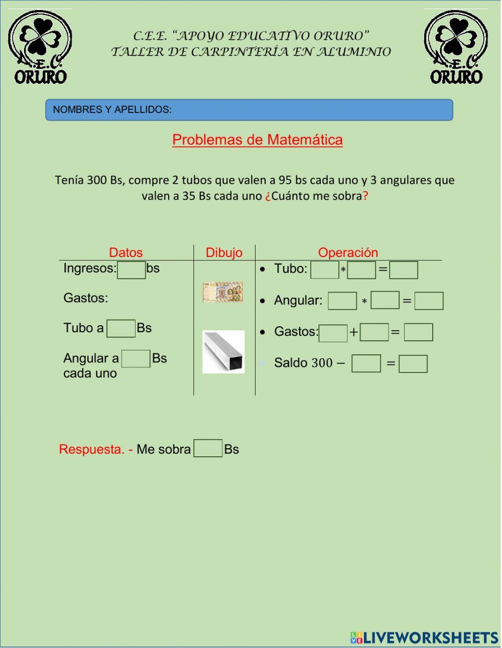 Problemas de Matemática online worksheet | Live Worksheets