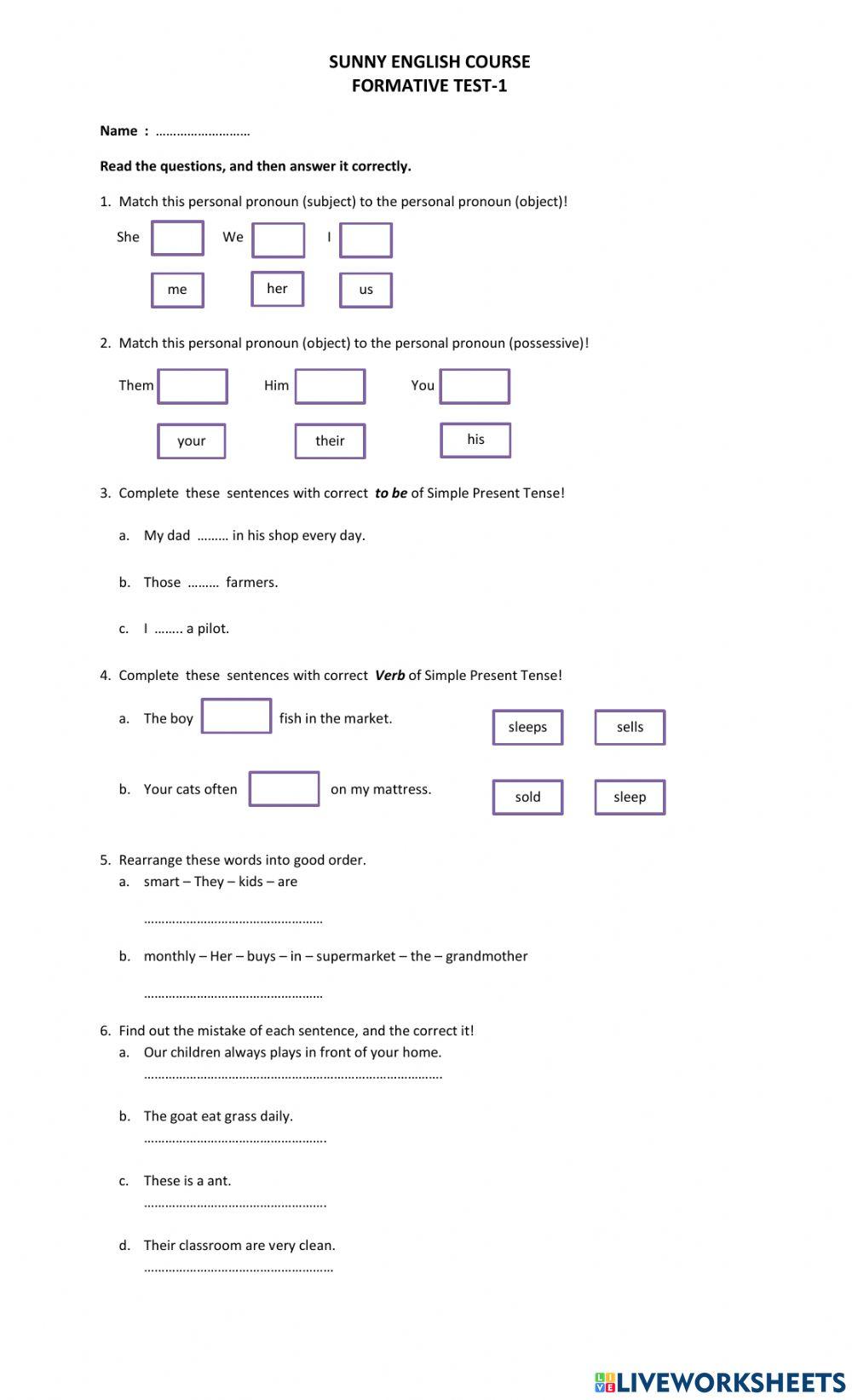 Formative Test-1 Sunny English Course worksheet | Live Worksheets