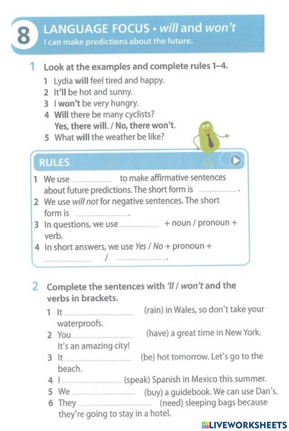 Language Focus:will and won't worksheet | Live Worksheets