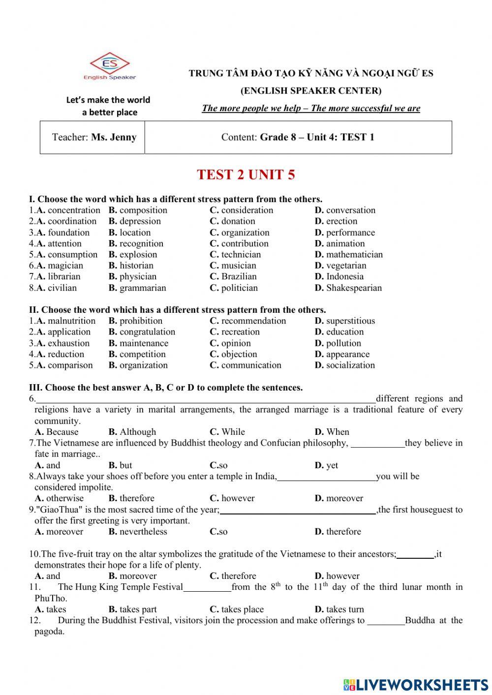 G8 - Unit 5: TEST 2 worksheet | Live Worksheets