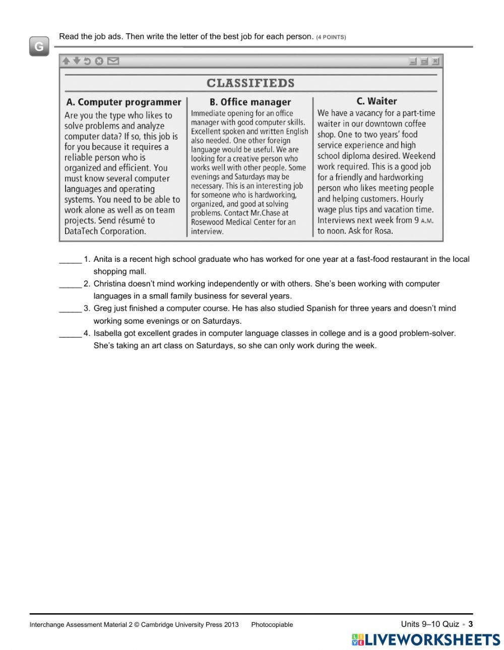 INTERCHANGE B2 QUIZ 9-10 online exercise for | Live Worksheets