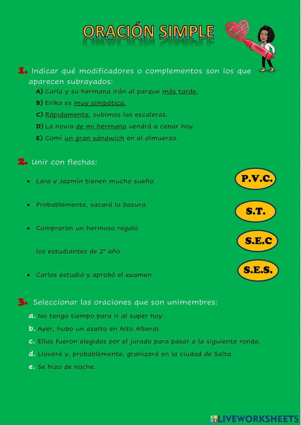 Oración simple interactive activity | Live Worksheets