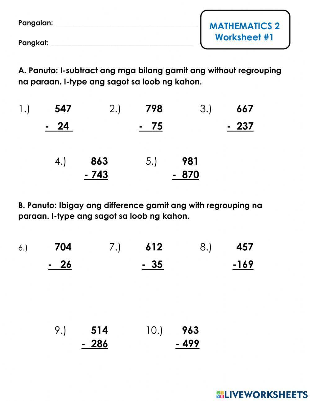 Subtraction with Regrouping online pdf worksheet | Live Worksheets