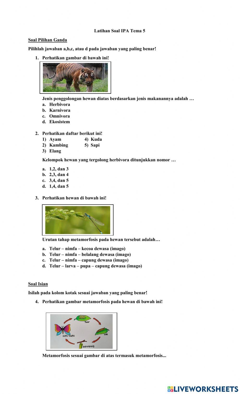 Latihan Soal IPA Tema 5 worksheet | Live Worksheets