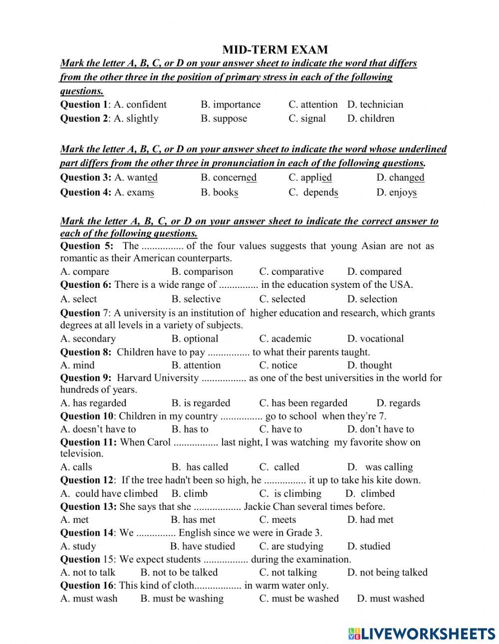 MID TERM EXAM - ENGLISH 12A 4 online exercise for | Live Worksheets