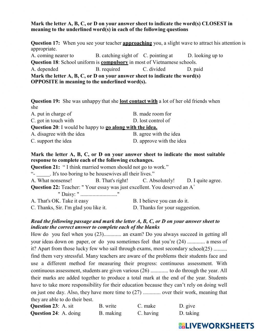 MID TERM EXAM - ENGLISH 12A 4 online exercise for | Live Worksheets