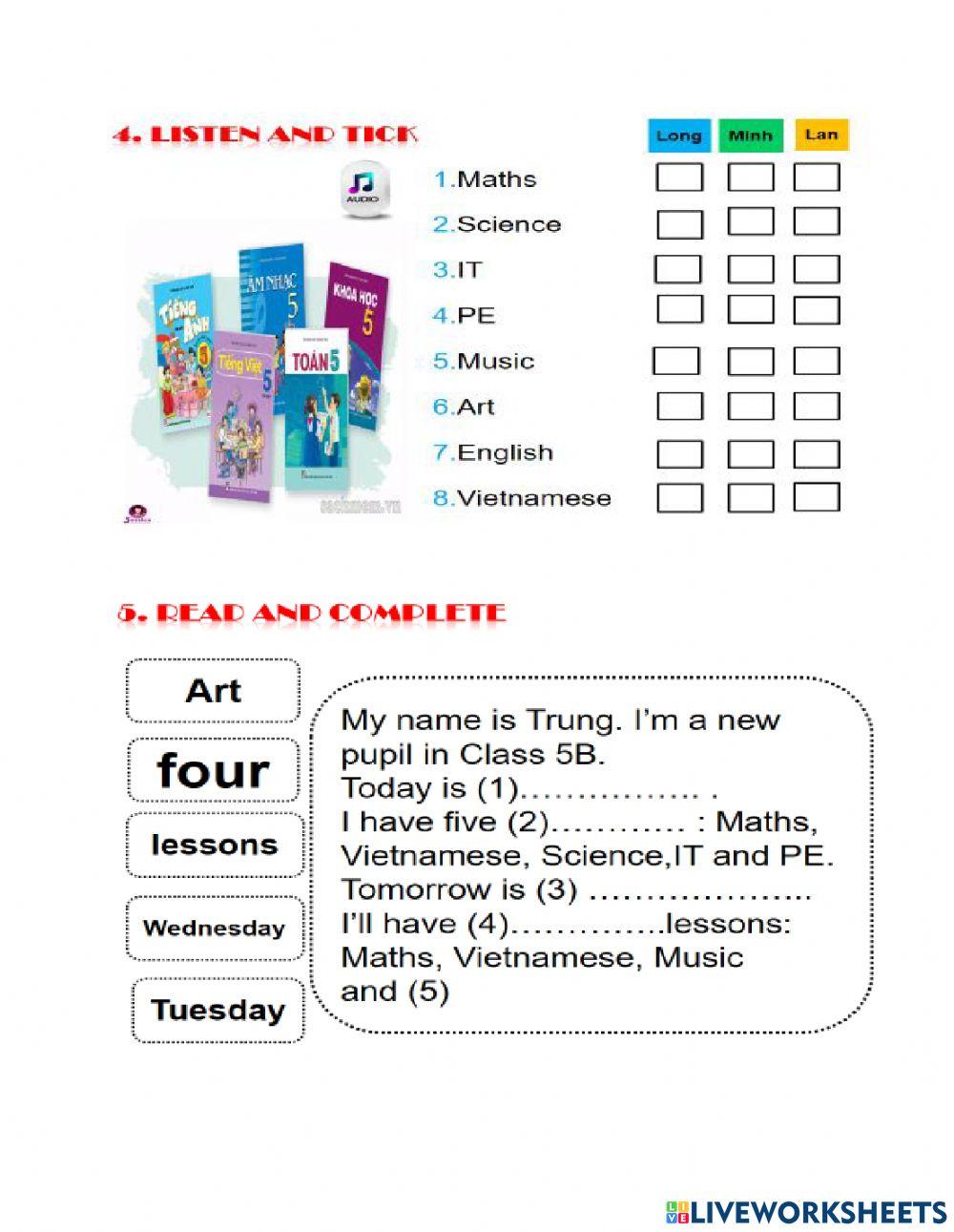 Unit 6: How many lessons do you have today? worksheet | Live Worksheets