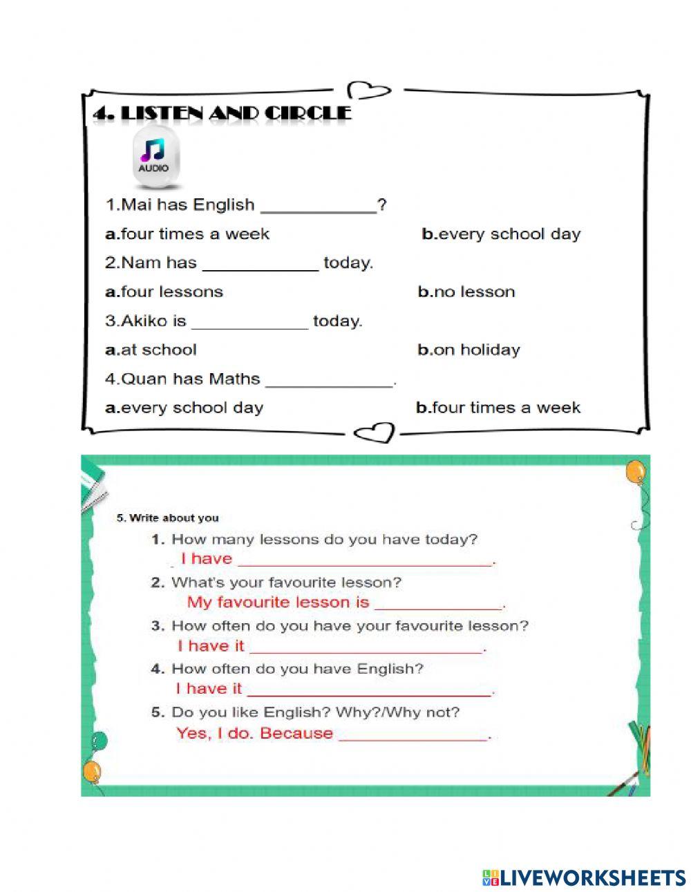 Unit 6: How many lessons do you have today? worksheet | Live Worksheets