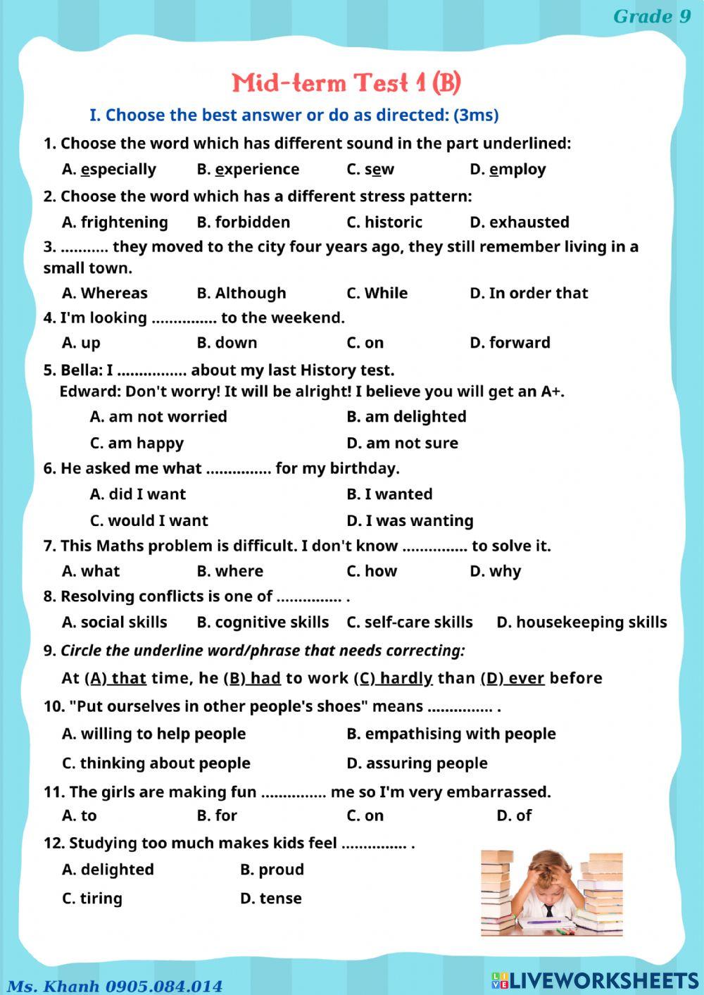 Mid-term Test 1 (B) Grade 9 online exercise for | Live Worksheets