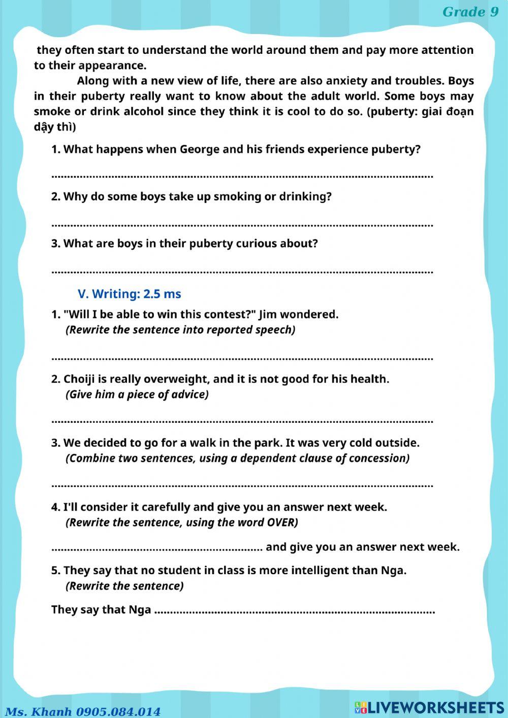 Mid-term Test 1 (B) Grade 9 online exercise for | Live Worksheets