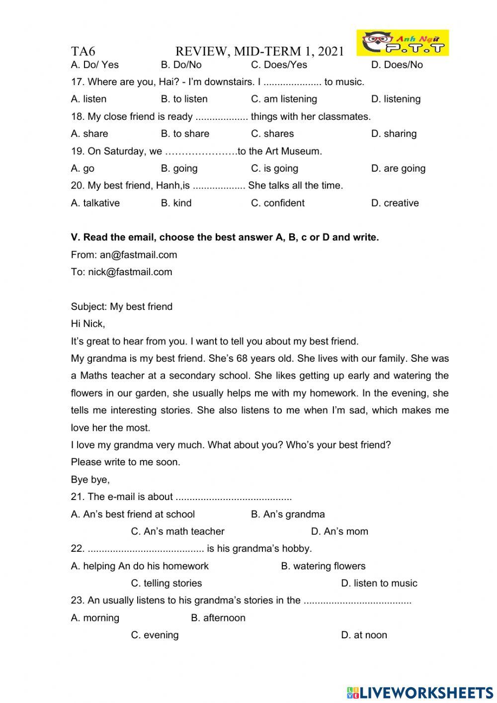 TA6 REVIEW MID-TERM S1 -2 online exercise for | Live Worksheets