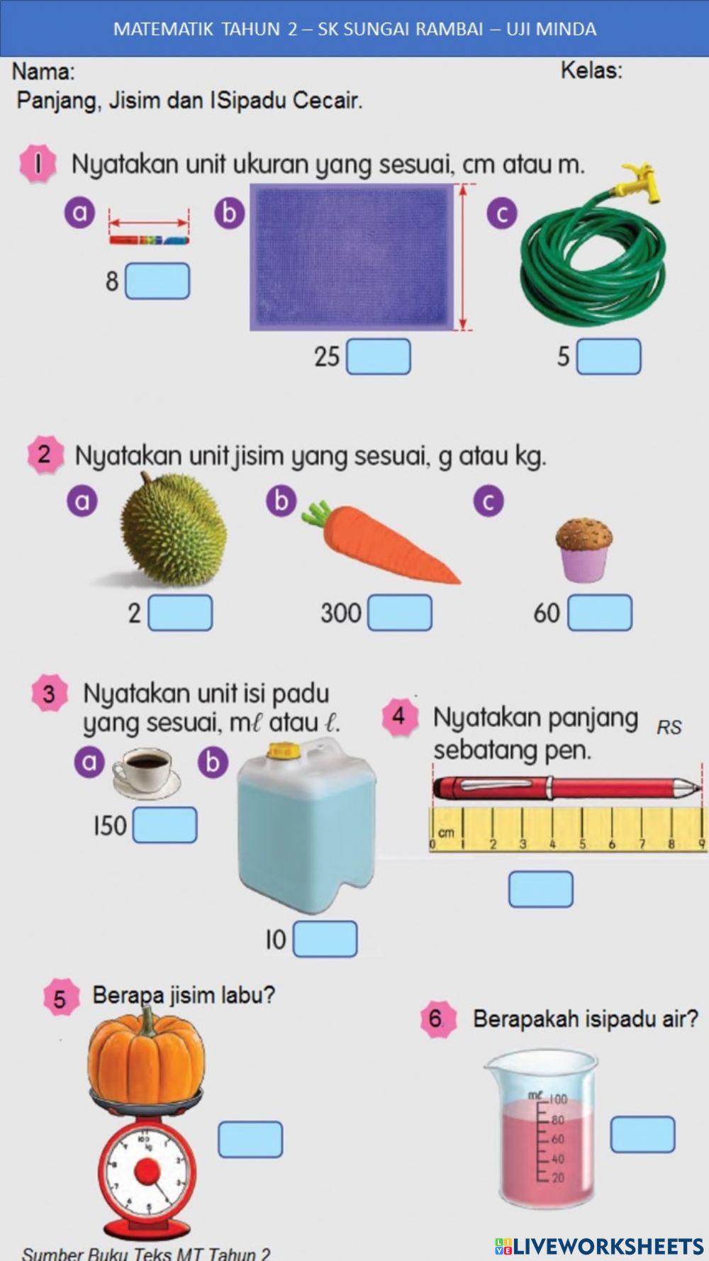 Tukaran unit panjang jisim isipadu worksheet | Live Worksheets
