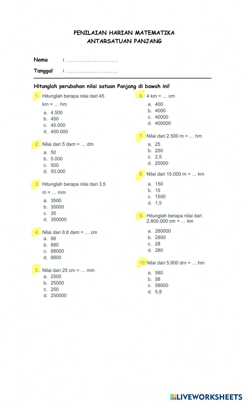 PH Matematika Satuan Panjang worksheet | Live Worksheets