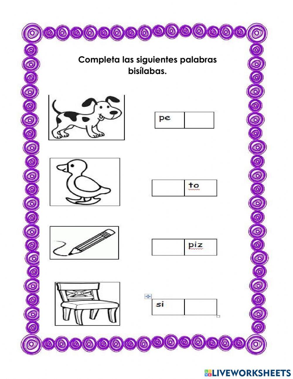 Palabras Monosílabas Y Bisílabas Worksheet Live