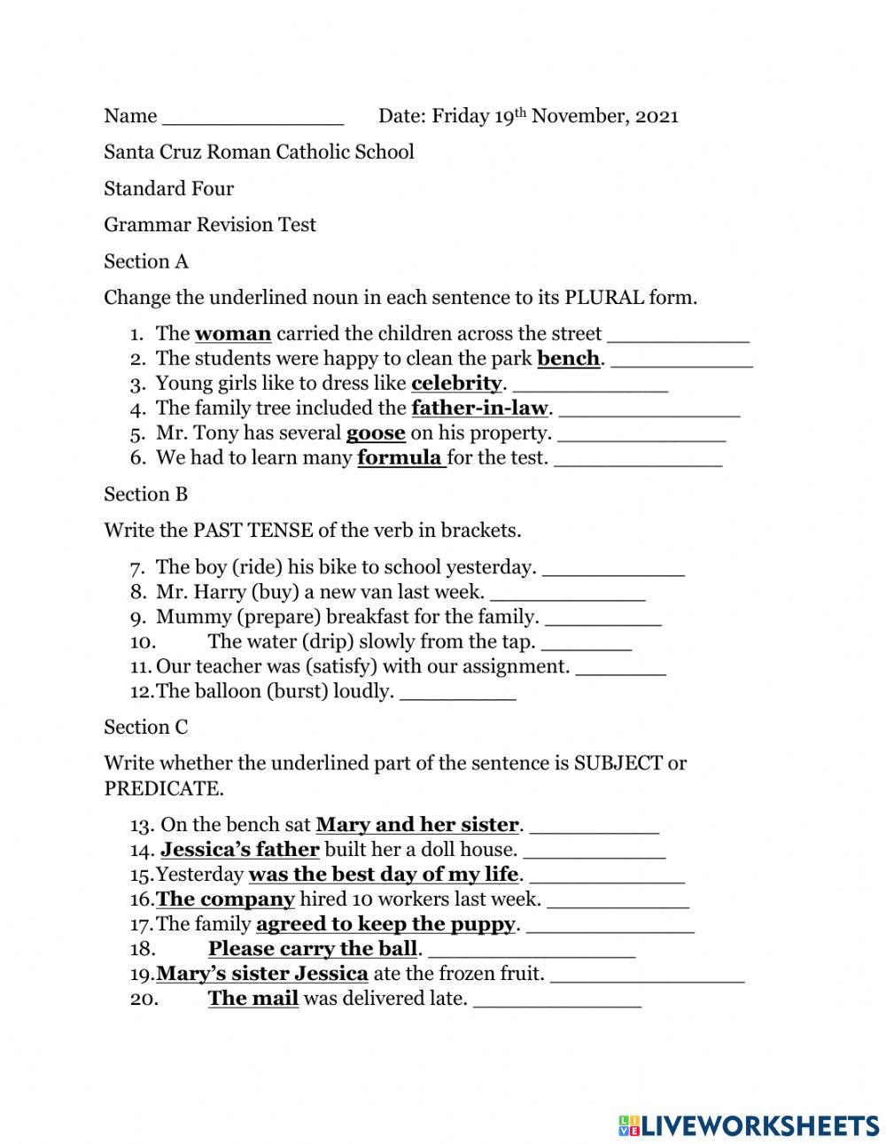 Grammar- Revision Test online exercise for | Live Worksheets