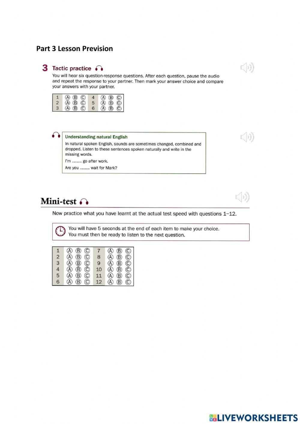 TOEIC Part 2 Lesson 3 Weekly Practice worksheet | Live Worksheets