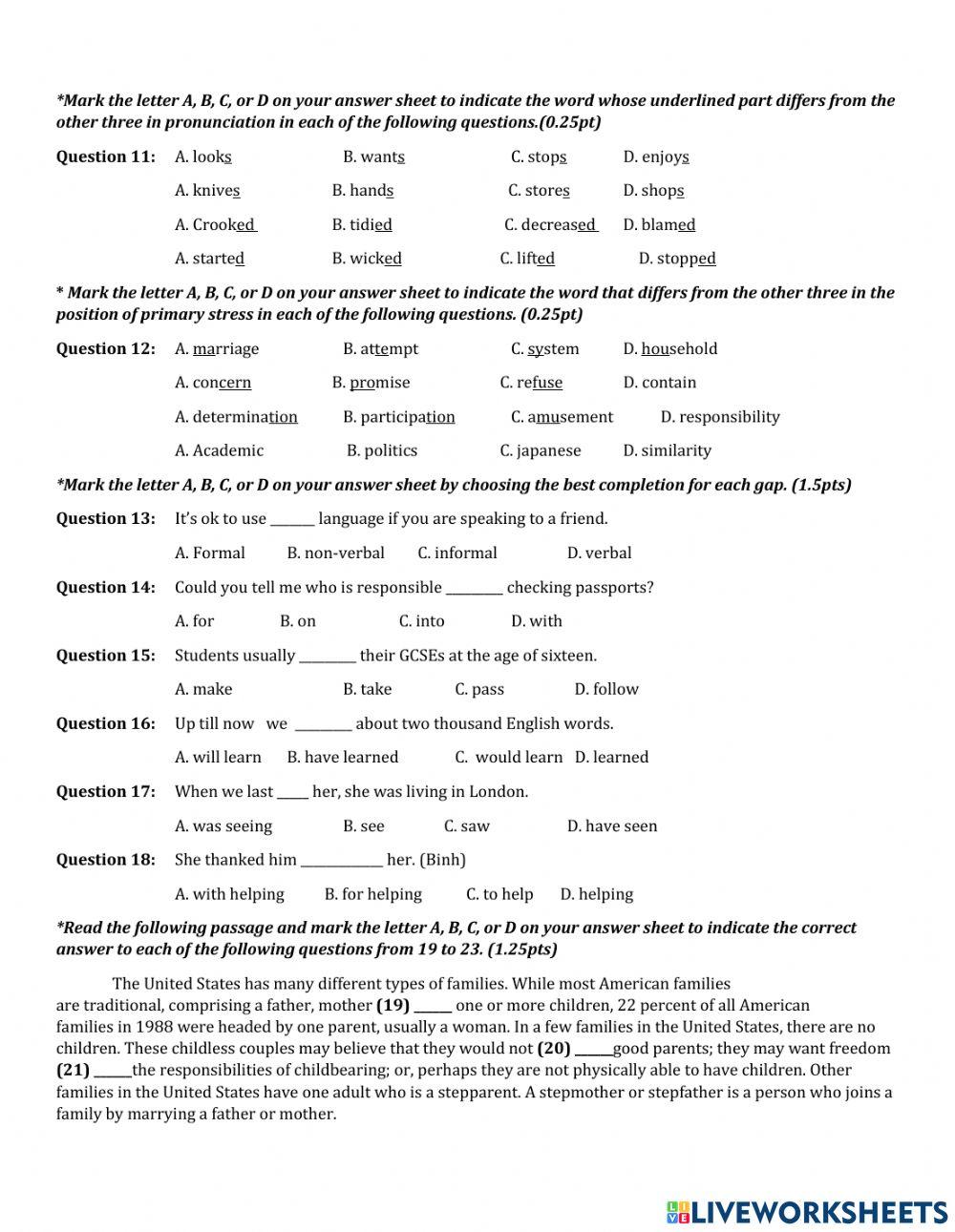 Revision week 10 19.11 worksheet | Live Worksheets