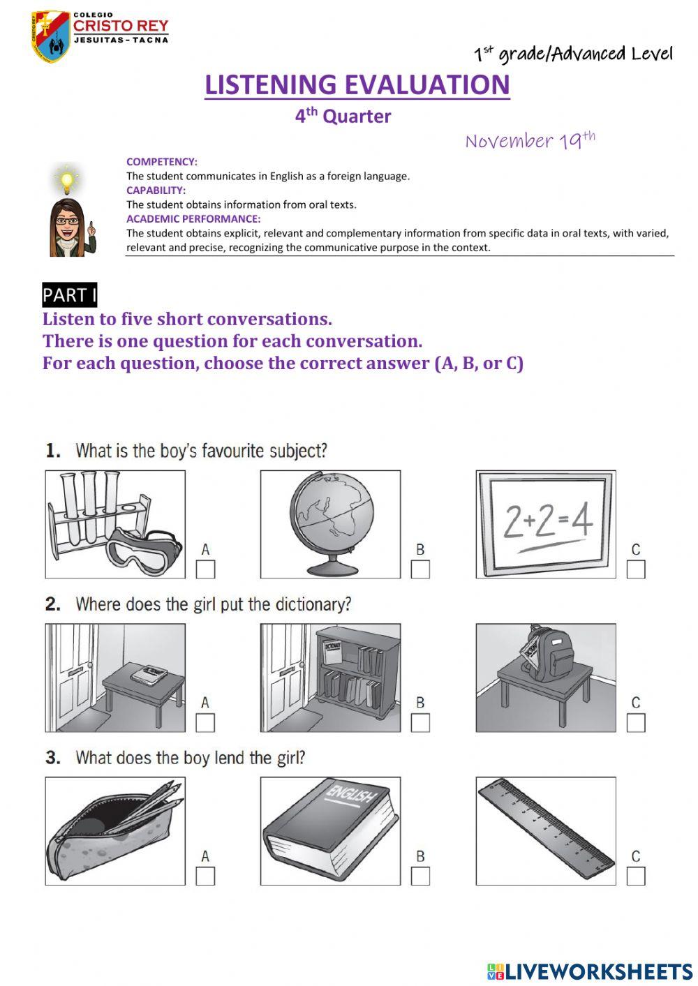 listening exam-4th quarter-1st grade 6780311