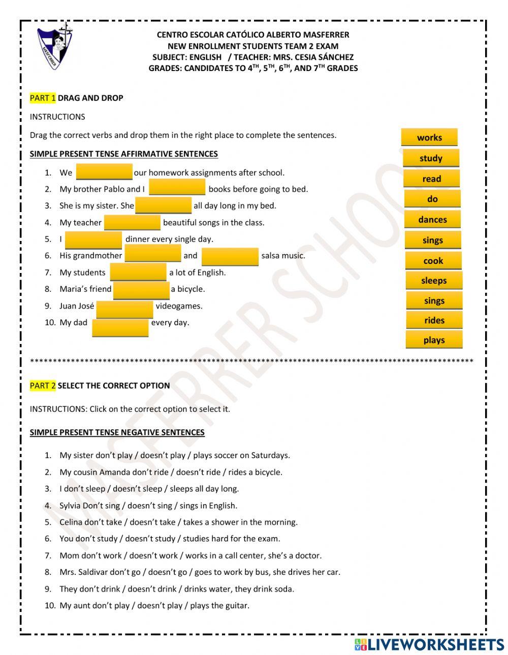 Simple present tense online exercise for Third, fourth, fifth, sixth ...