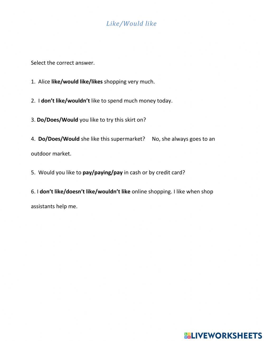 like - would like online exercise for | Live Worksheets