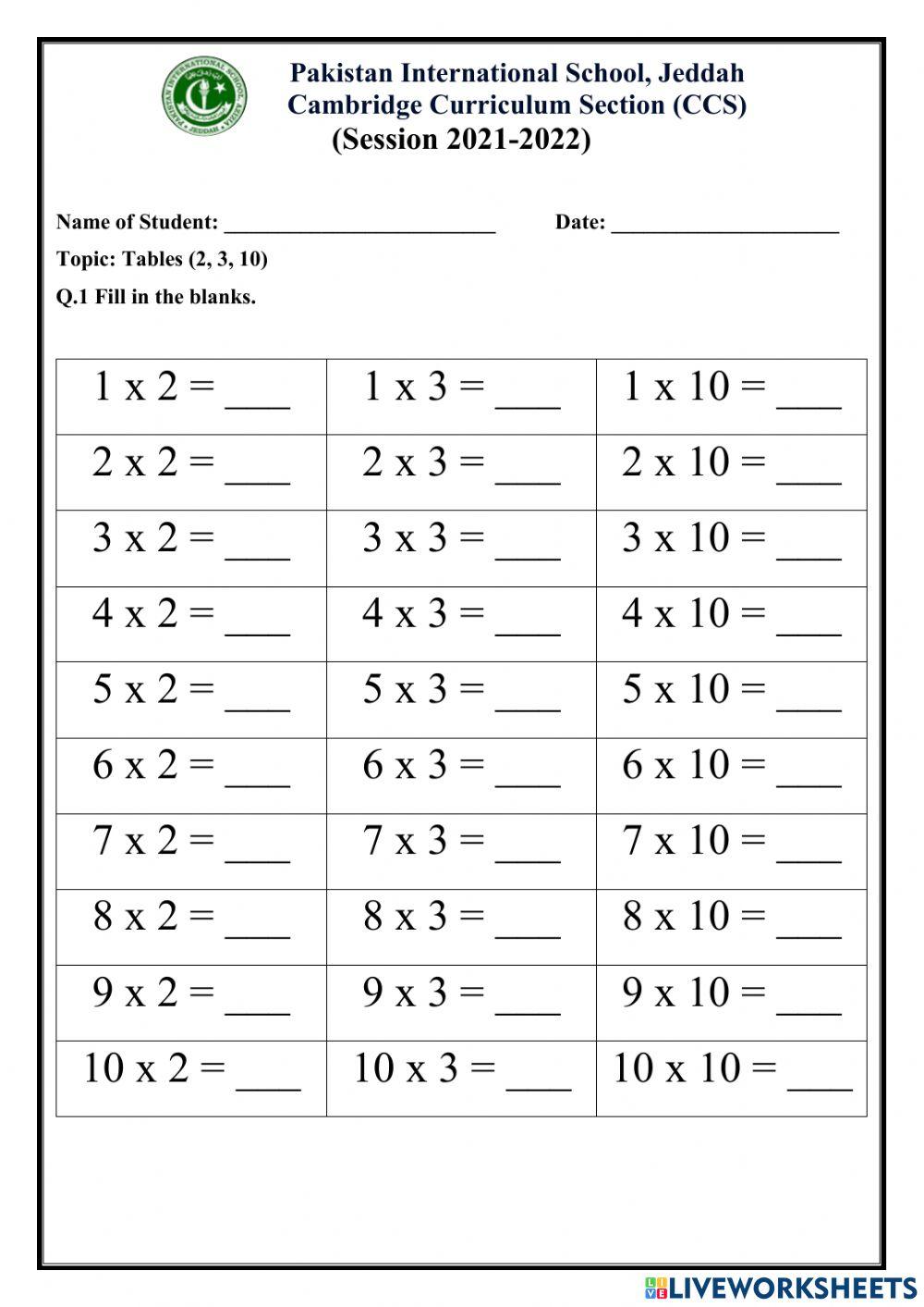 Tables (2, 3, 10) worksheet | Live Worksheets