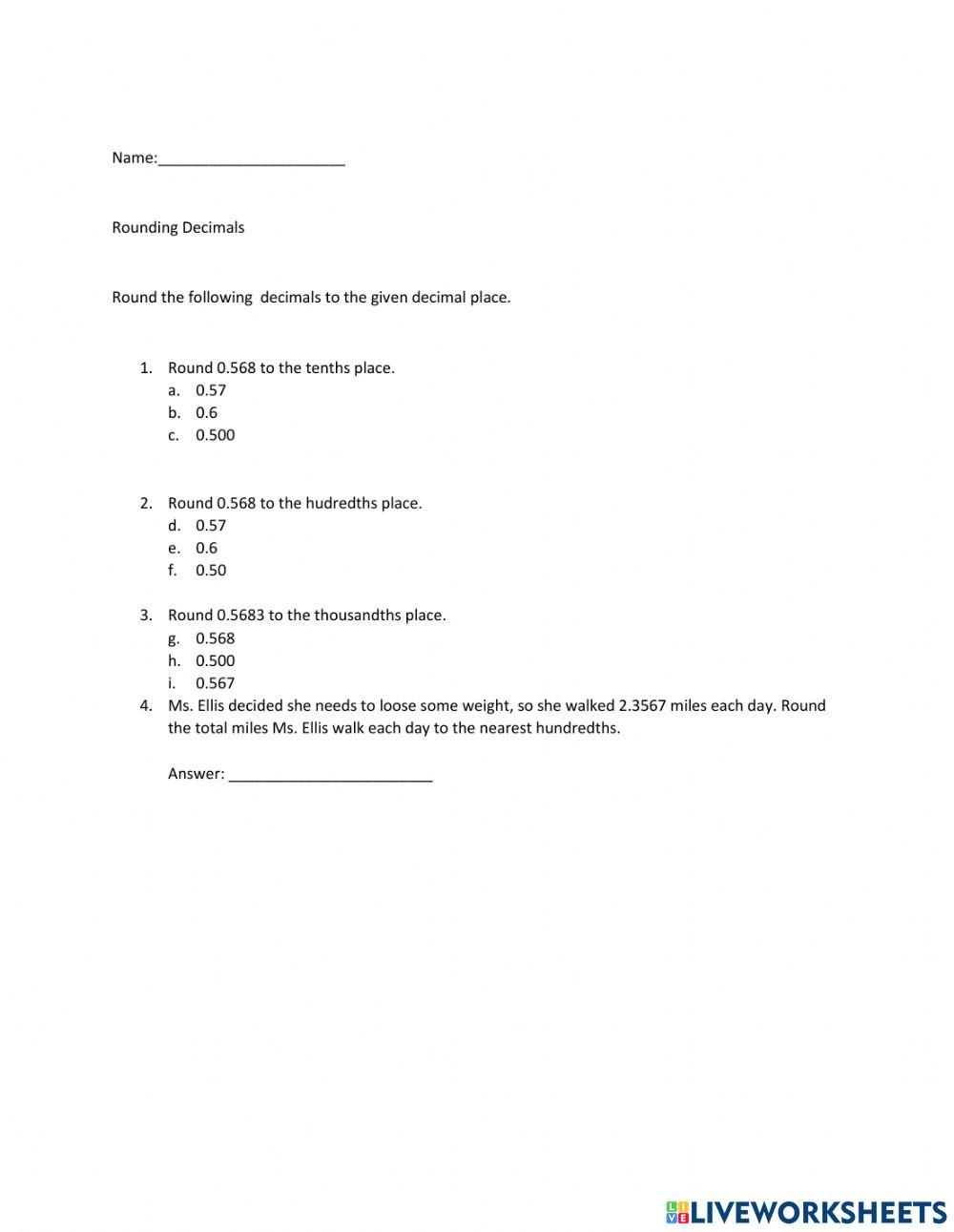 Rounding decimals online exercise for | Live Worksheets