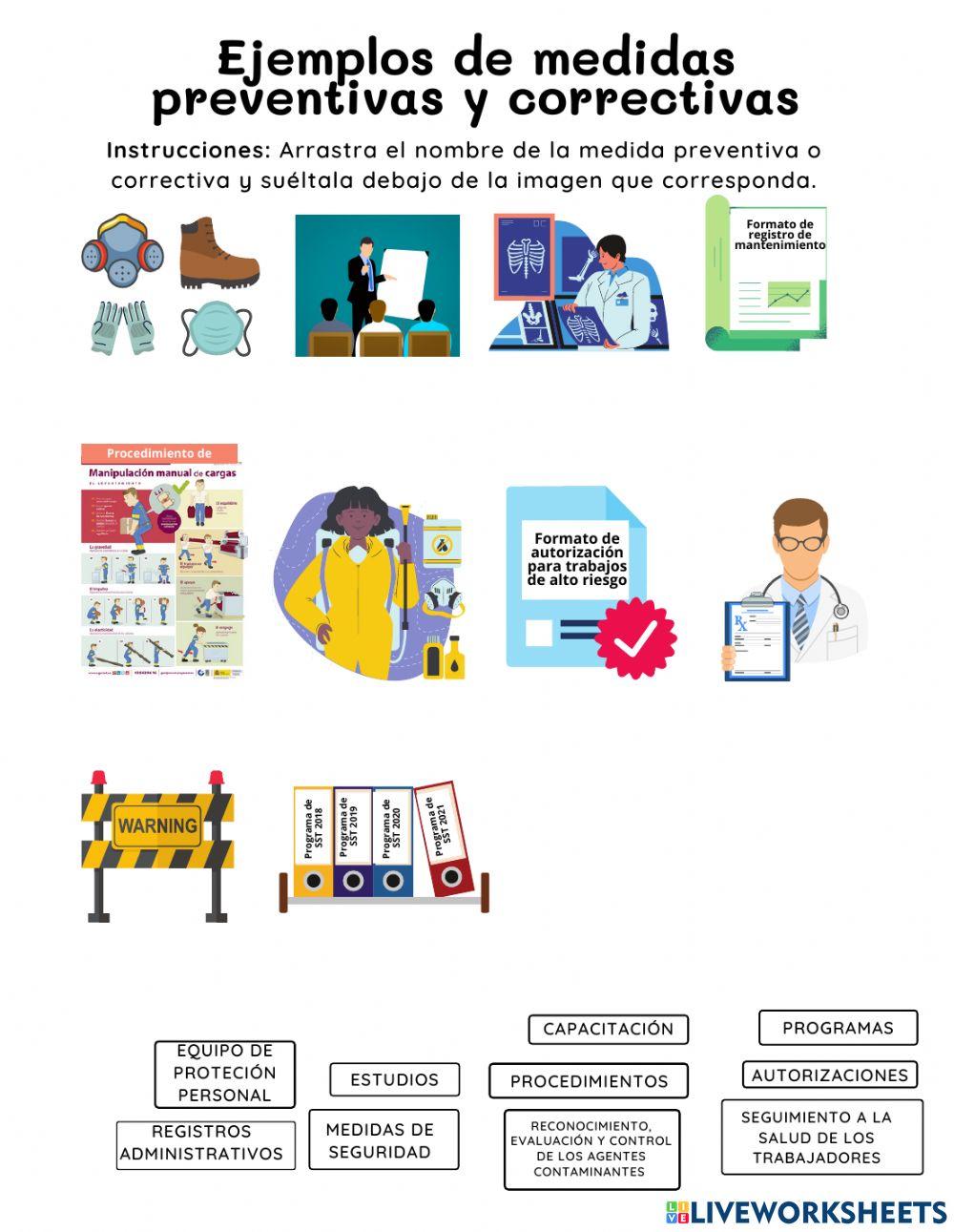 Ejemplos de medidas preventivas y correctivas de SST interactive worksheet | Live Worksheets