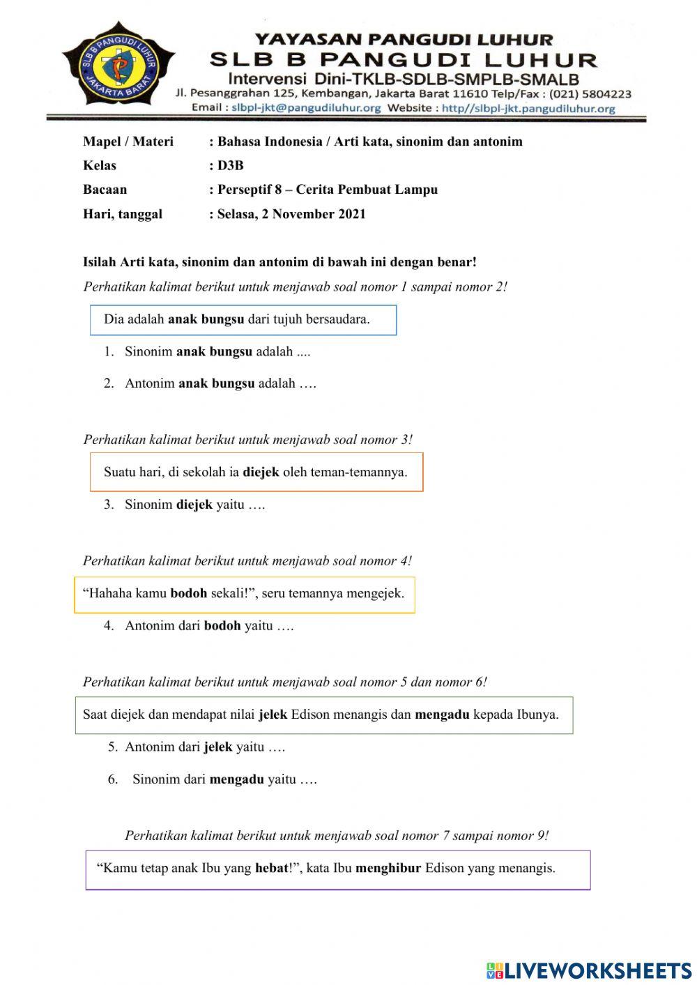 Latihan antonim… | Free Interactive Worksheets | 1594648
