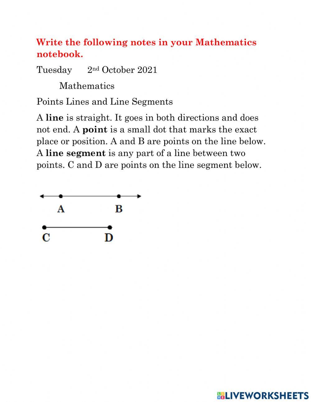 Points Lines and Line Segments Notes worksheet | Live Worksheets