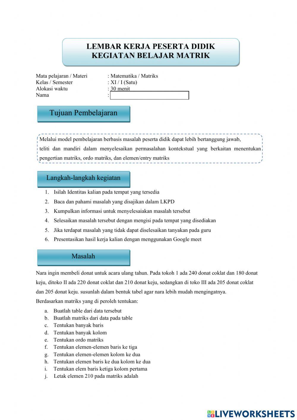 Unsur matriks worksheet | Live Worksheets