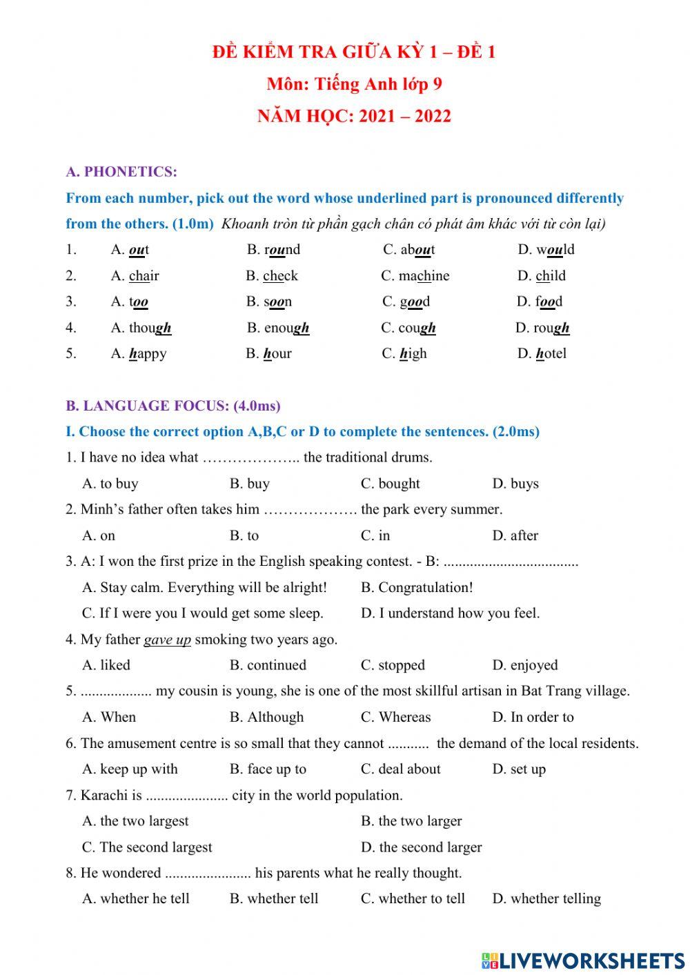 Mid-term 1 - Grade 9 interactive worksheet | Live Worksheets
