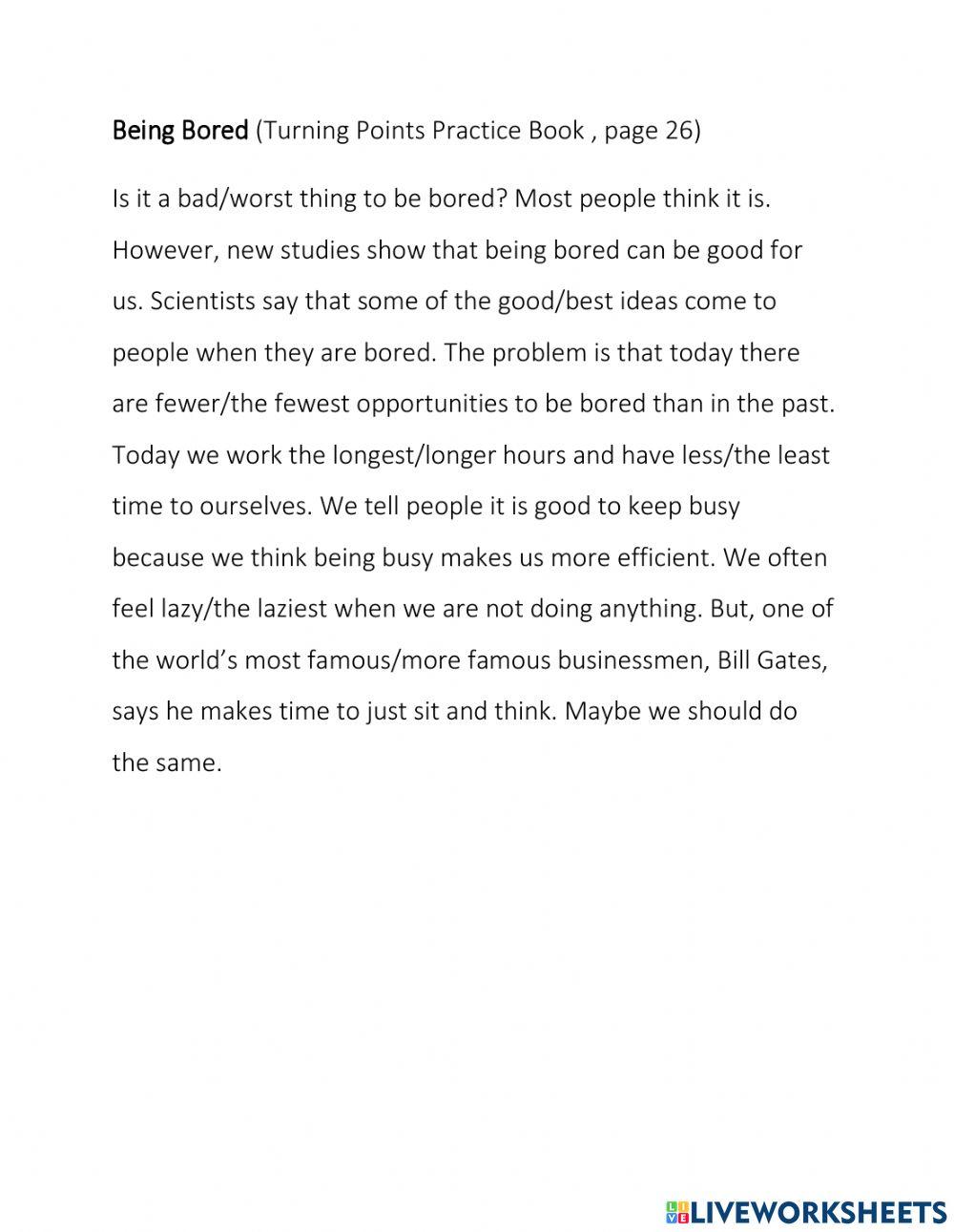 Being Bored (Turning Points page 26) worksheet | Live Worksheets