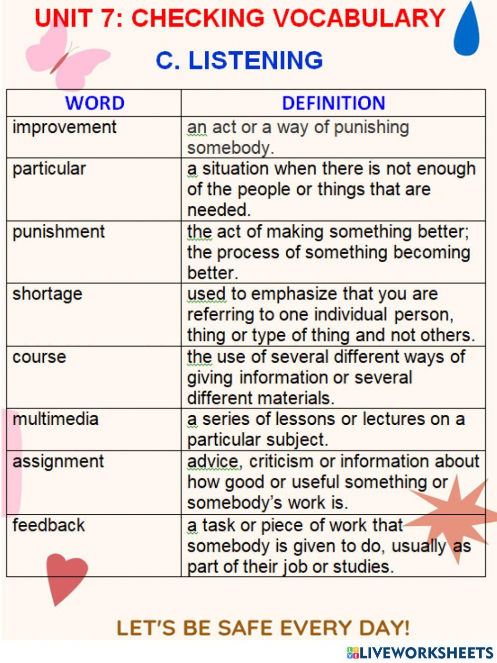 Unit 7. checking vocabulary interactive worksheet | Live Worksheets