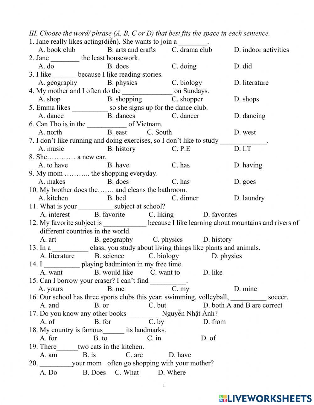 1595809 | On tap lan 1 | Tran Quynh Mai | LiveWorksheets
