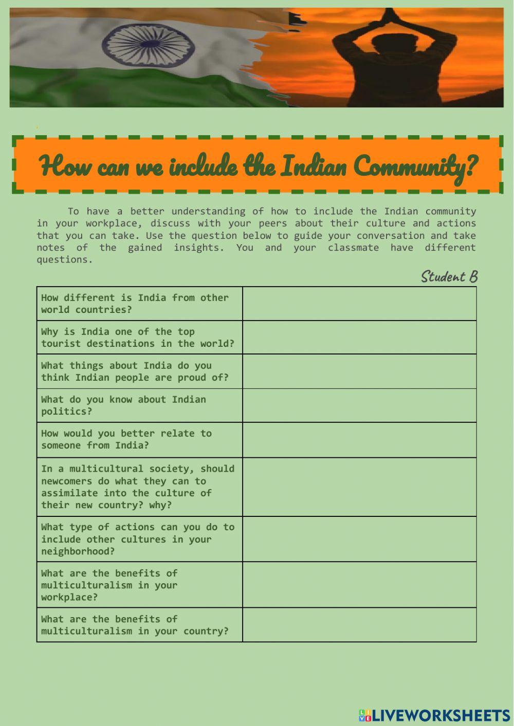 India community worksheet | Live Worksheets