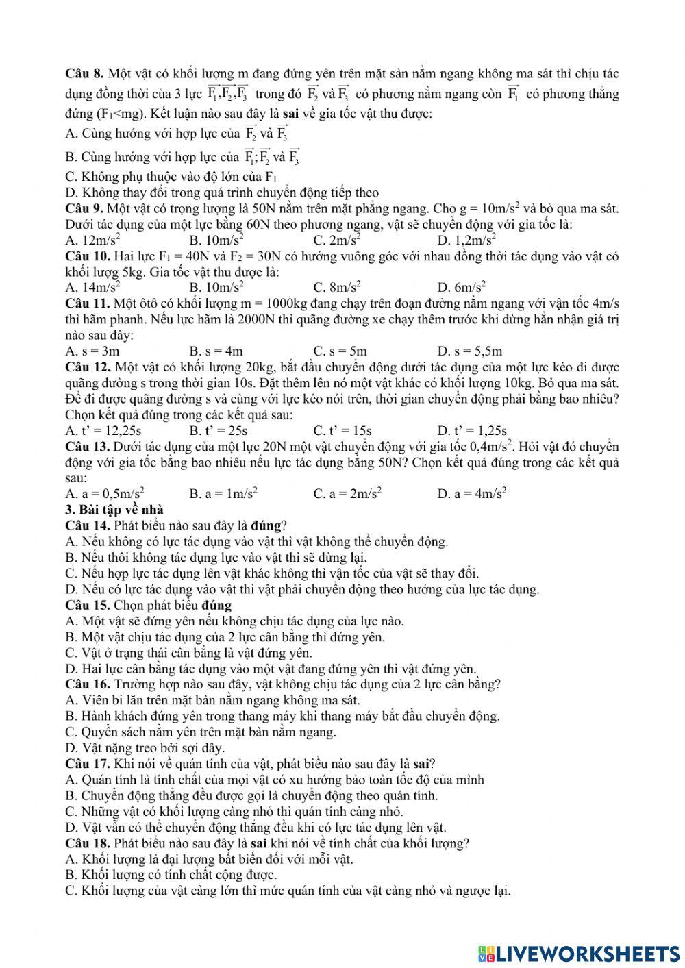 K10. De 7. Dinh luat II Niuton worksheet | Live Worksheets