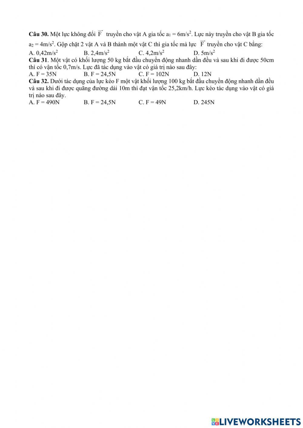 K10. De 7. Dinh luat II Niuton worksheet | Live Worksheets