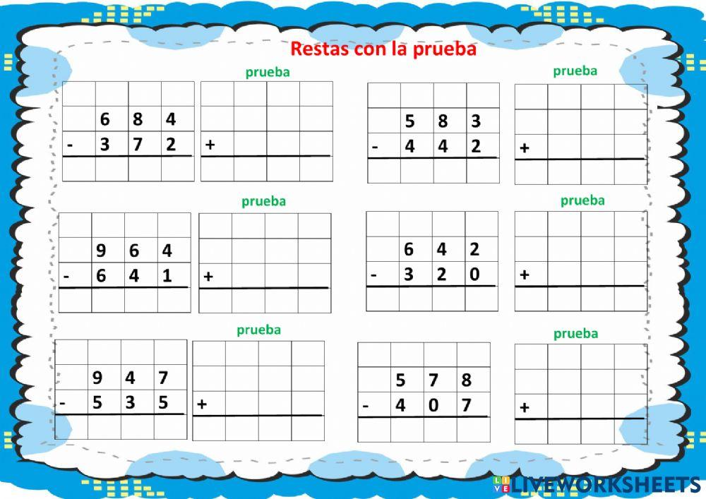 Restas con la prueba interactive worksheet | Live Worksheets