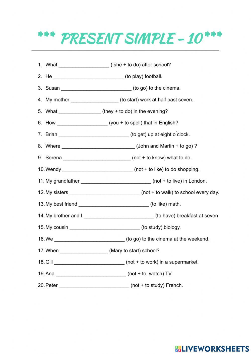 Present simple - 10 worksheet | Live Worksheets