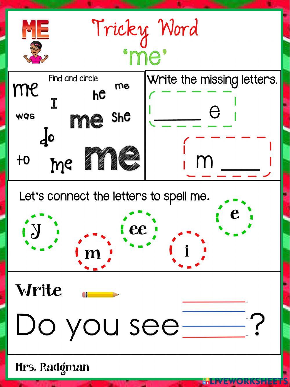Tricky Word 'me' | Free Interactive Worksheets | 1597782
