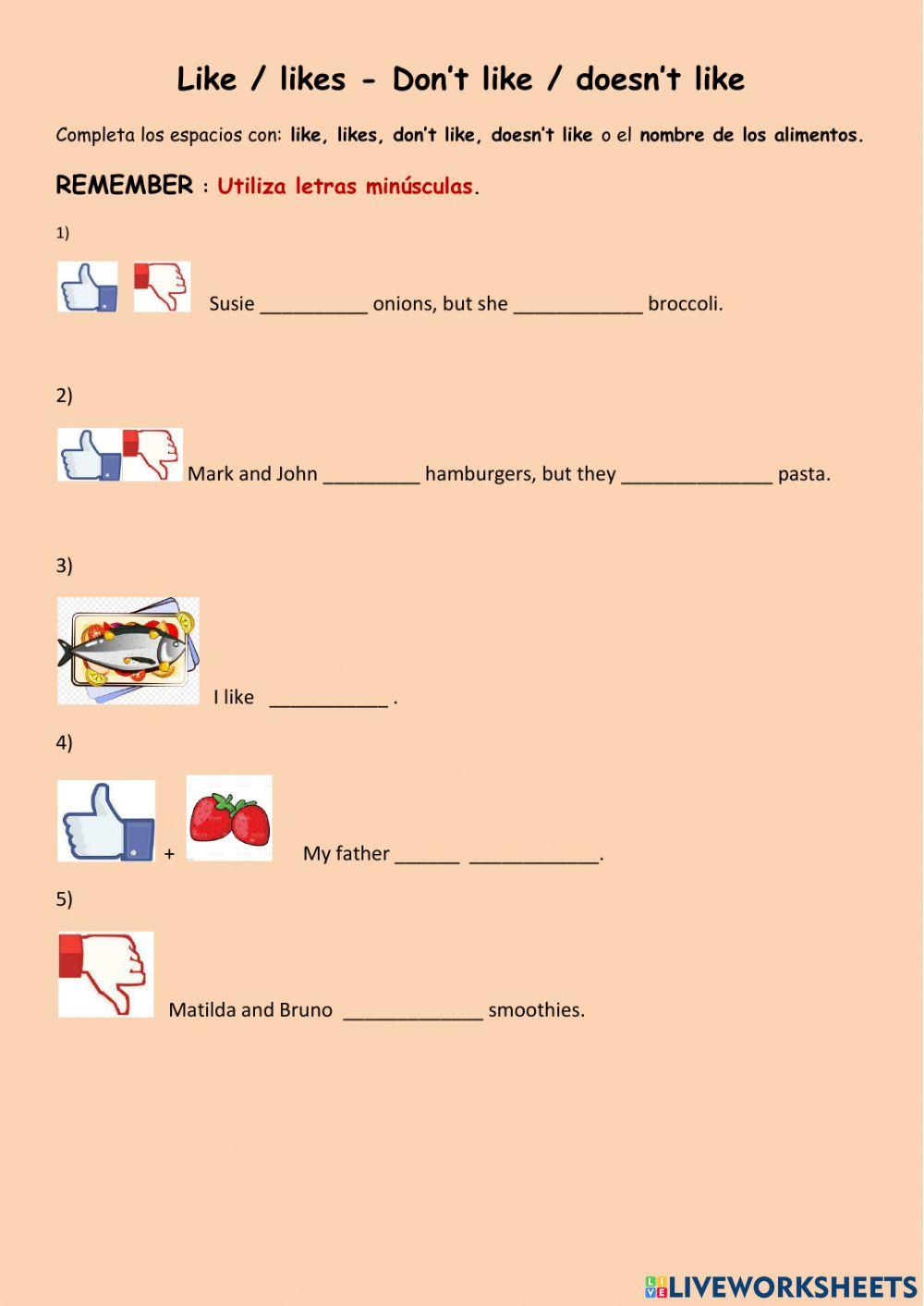 Likes and dislikes online exercise for 1st year | Live Worksheets