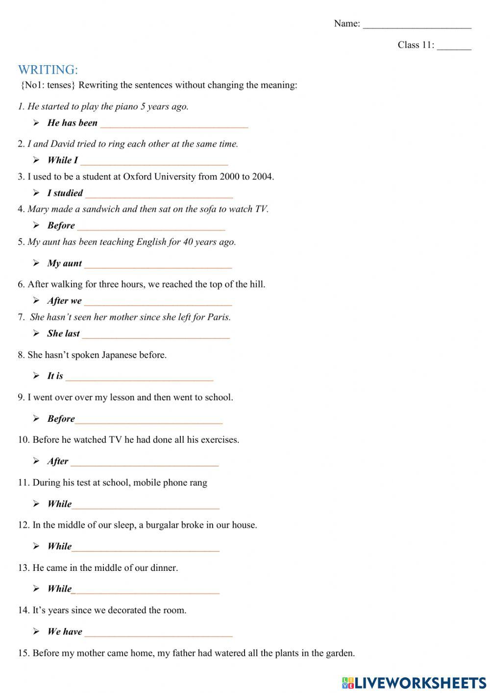 Tense transformation interactive worksheet | Live Worksheets