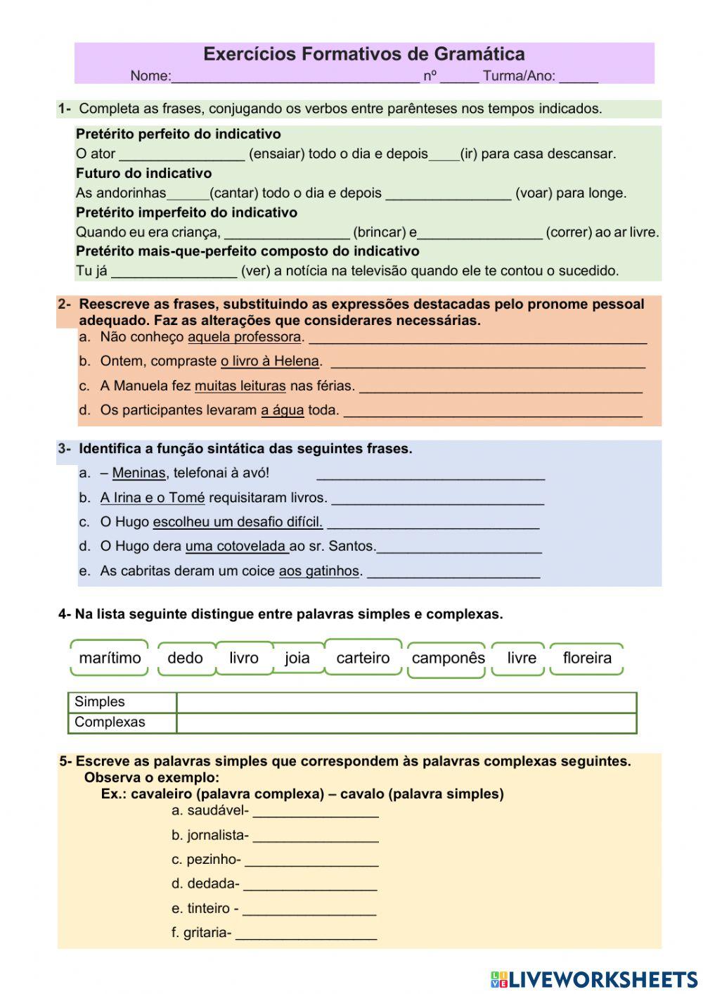 Exercícios de Gramática interactive worksheet | Live Worksheets