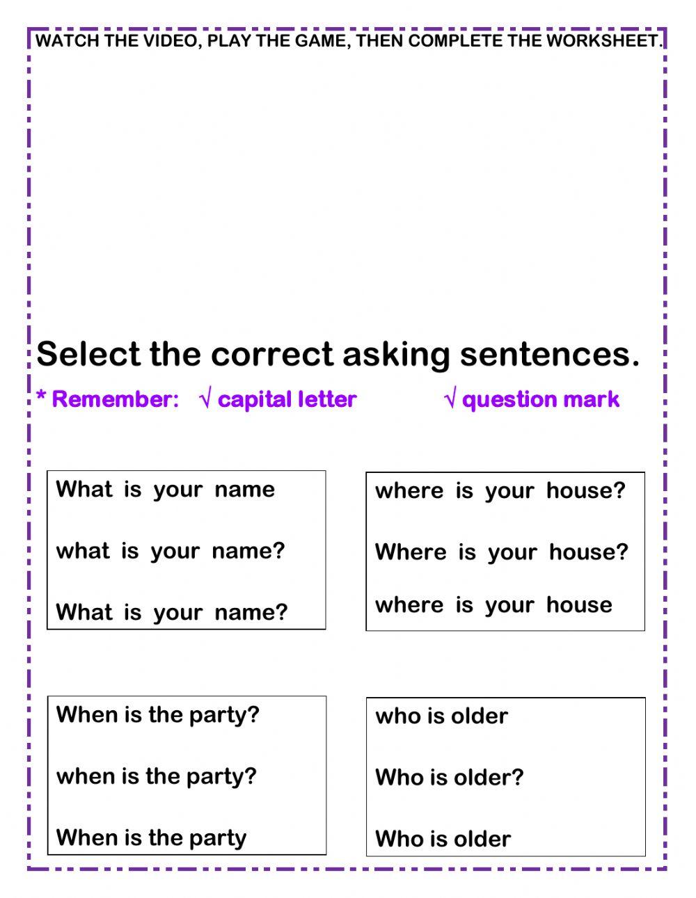 WEEK 8 TUESDAY GRAMMAR ASKING SENTENTENCES HOMEWORK worksheet | Live ...