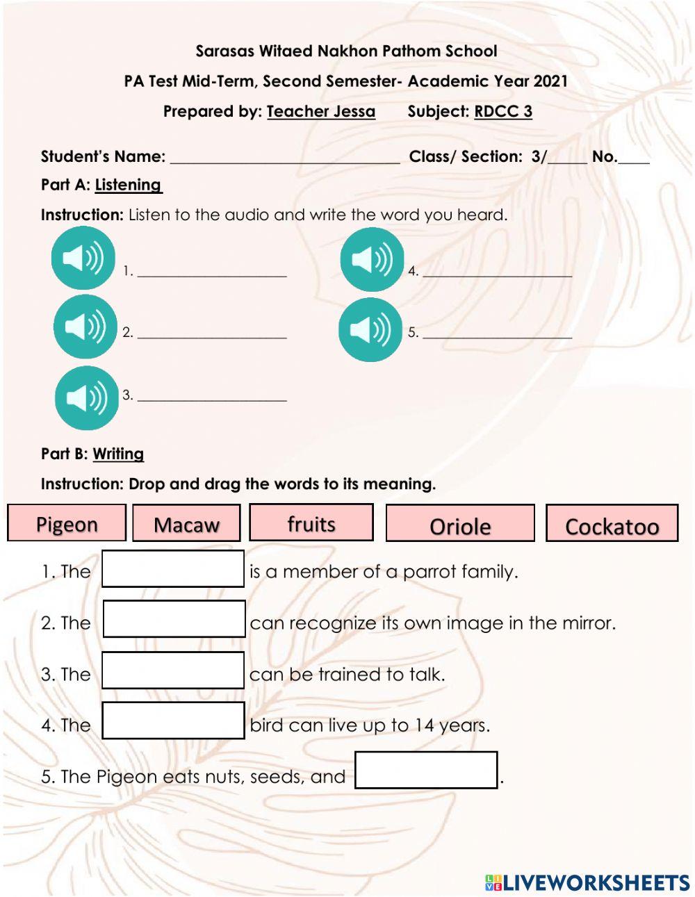 RDCC 3- P.A test- Mid.term 2 online exercise for | Live Worksheets